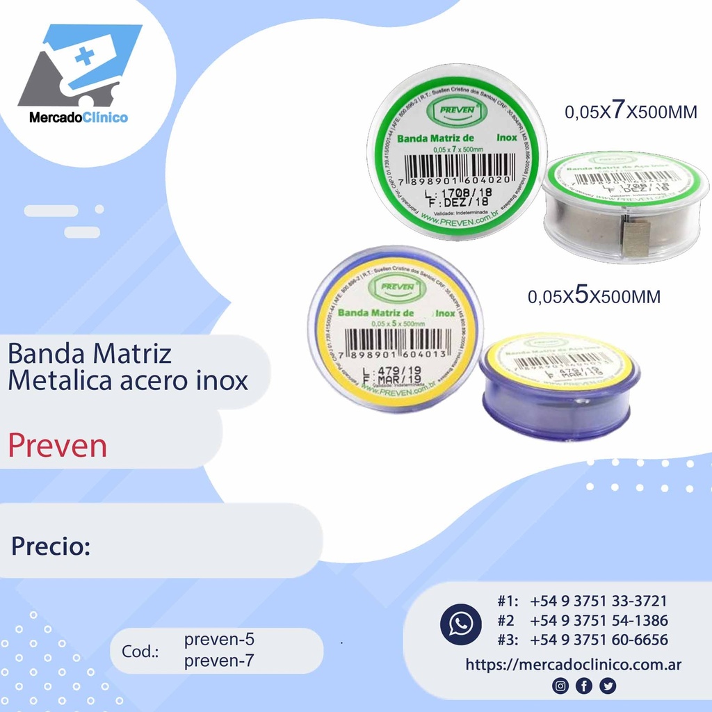 Banda Matriz Metálica acero inox - Preven | Mercado Clinico
