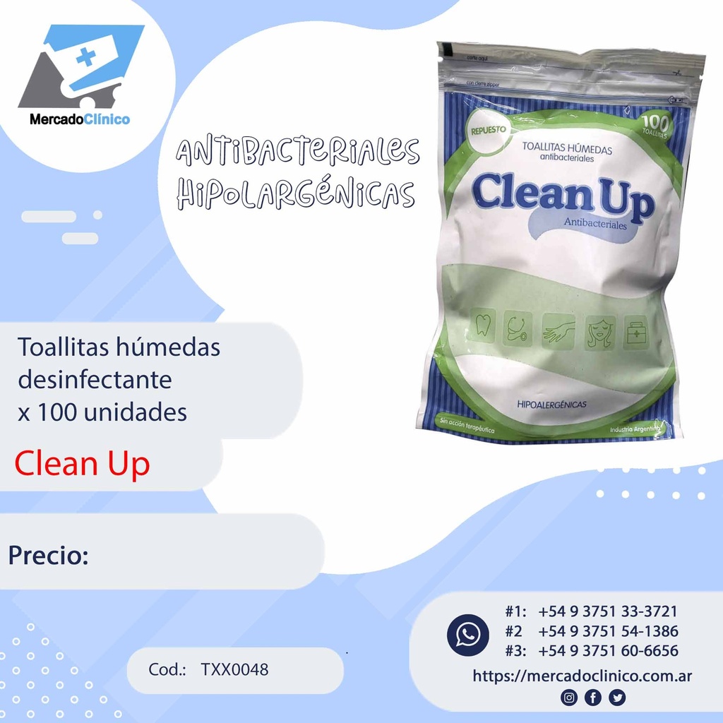 Toallitas húmedas x 100 Un -Clean Up | Mercado Clinico AR