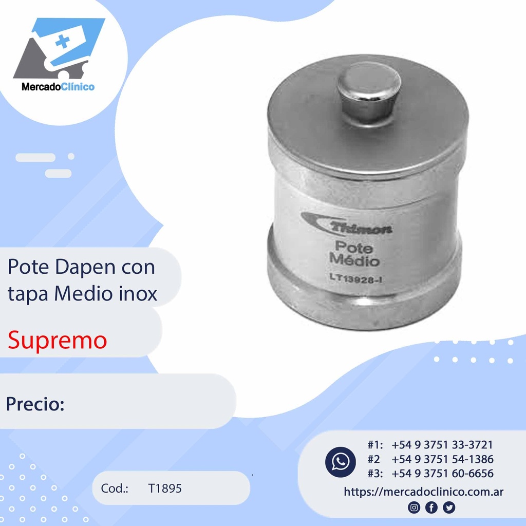 Pote Dapen con tapa - Tamaño Medio - Inox - Thimon | Mercado Clinico AR