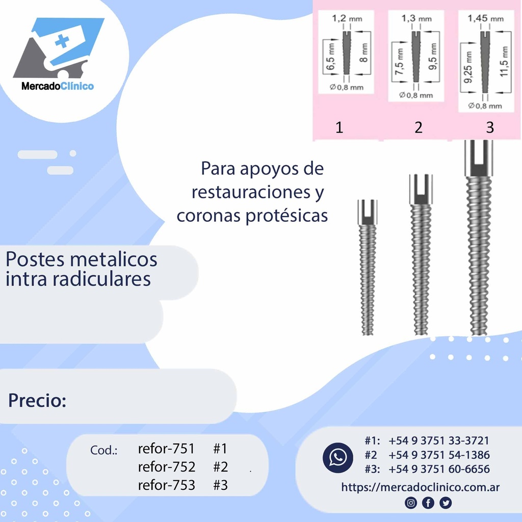 Postes metálicos intra radiculares x 5 unidades | Mercado Clinico AR