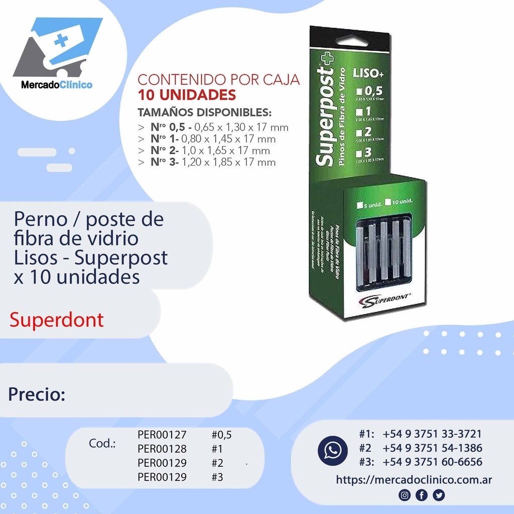 Perno / poste de fibra de vidrio ultrafinos - Lisos x 10unidades - Superdont | Mercado Clinico AR