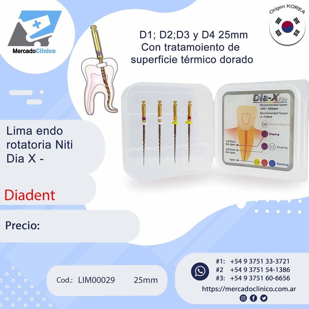 Lima endo rotatoria Niti Dia X - 25 mm - Diadent | Mercado Clinico AR