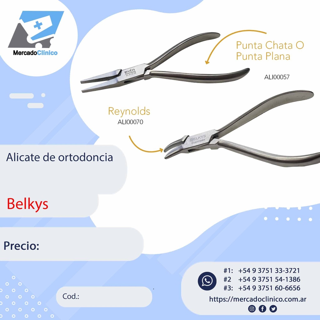 Alicate de ortodoncia punta Chata o plana y Reynols - Belkys | Mercado Clinico AR