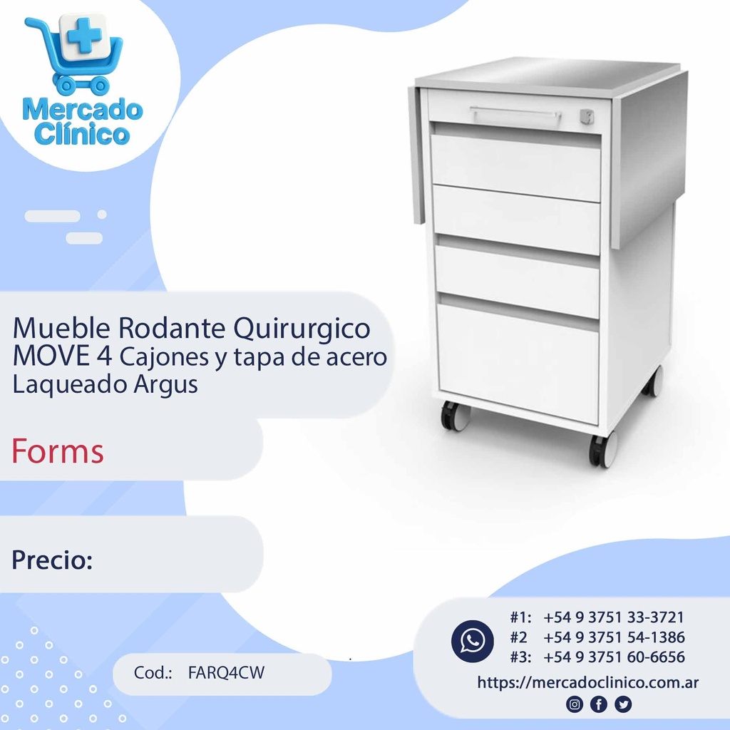 Mueble Rodante Quirúrgico MOVE 4 Cajones y tapa de acero Laqueado Argus ...