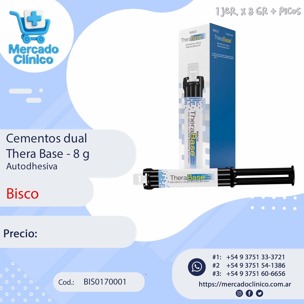 Cementos dual Thera Base - 8 g Autodhesiva - Bisco | Mercado Clinico AR