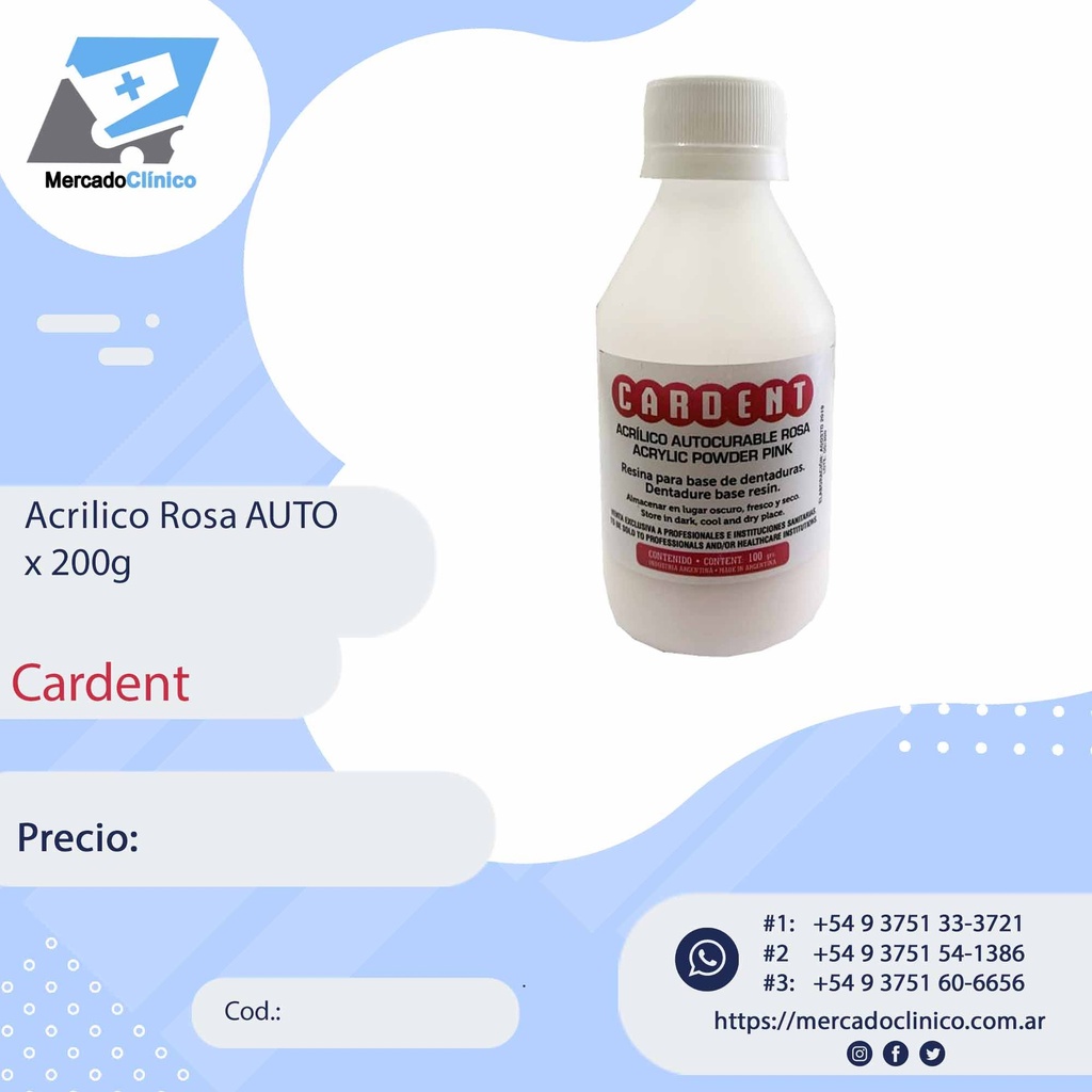 Acrilico ROSA auto - 100g - Cardent | Mercado Clinico
