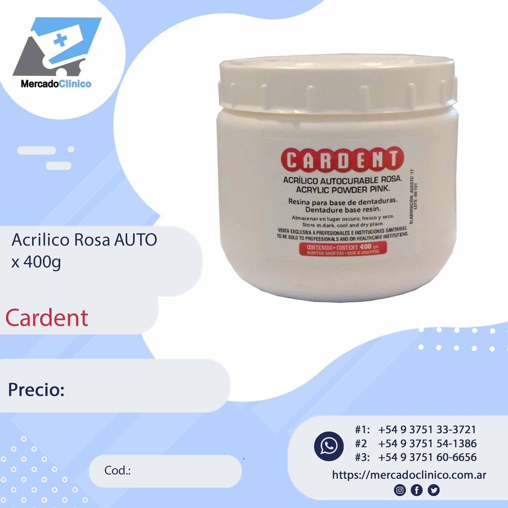 Acrilico ROSA auto - 400g - Cardent | Mercado Clinico AR