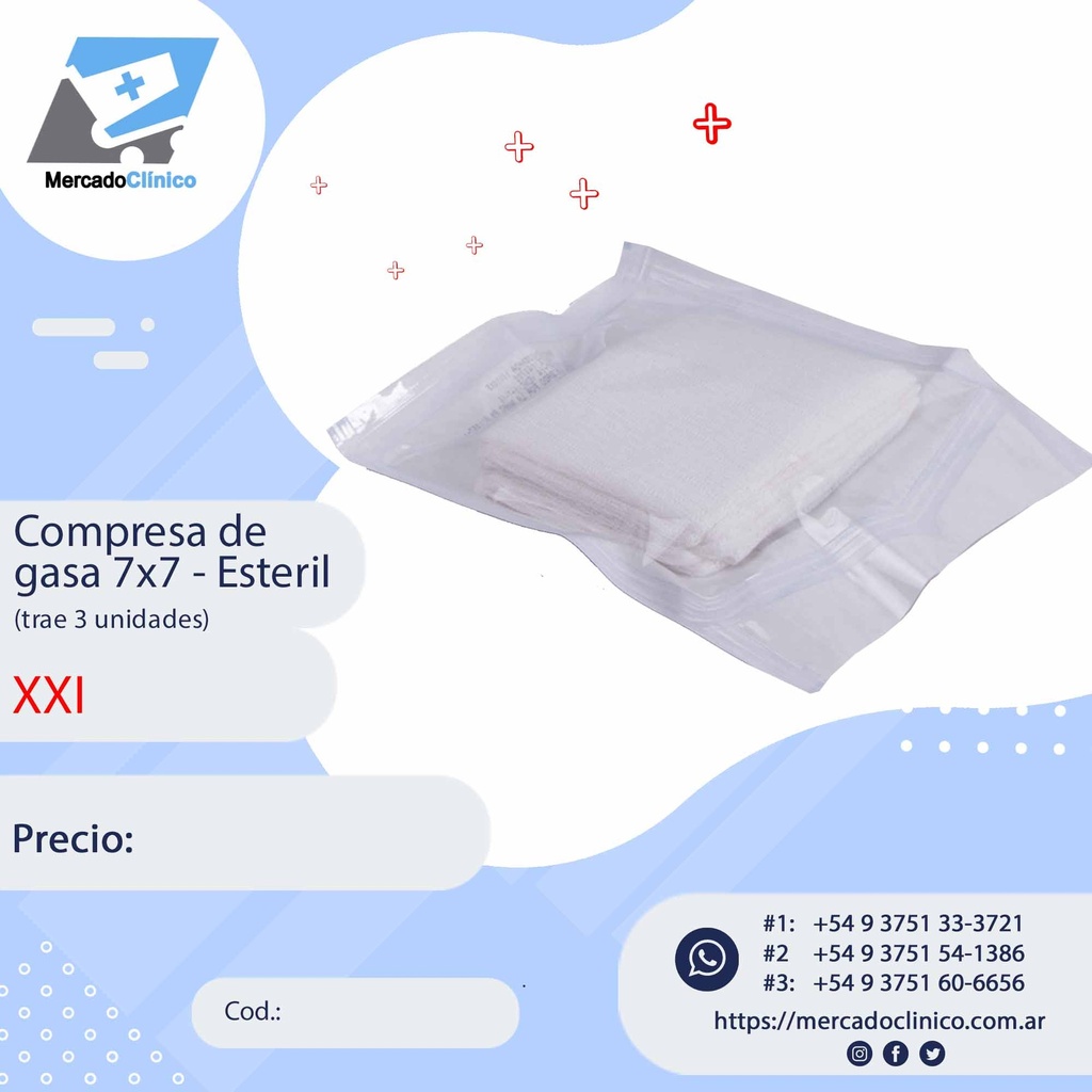 Compresa de gasa esteril - 7x7 (con 3 unidades) - XXI | Mercado Clinico