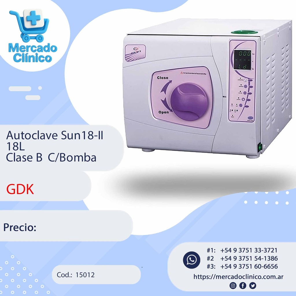 Autoclave Sun18-II 18L Clase B C/Bomba - SUN | Mercado Clinico