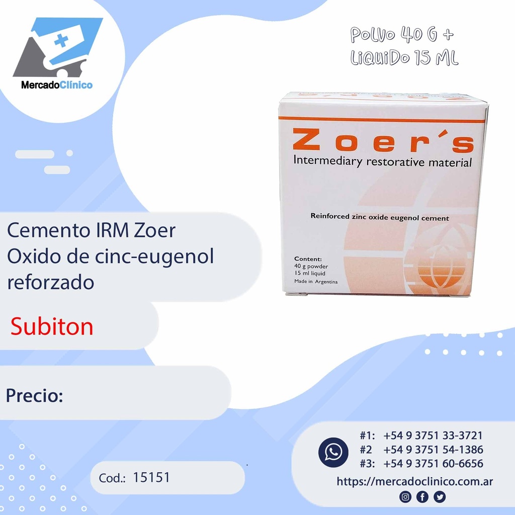 Cemento IRM Zoer Oxido de cinc-eugenol reforzado - (OZER) - SUBITON ...