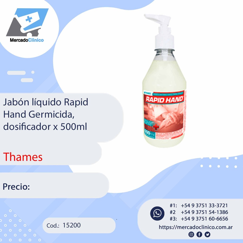 Jabón líquido Rapid Hand Germicida, dosificador x 500ml - thames ...