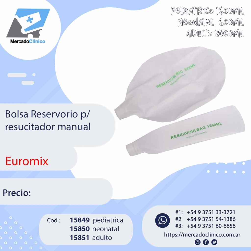 Bolsa reservorio p/ resucitador manual - EUROMIX | Mercado Clinico AR