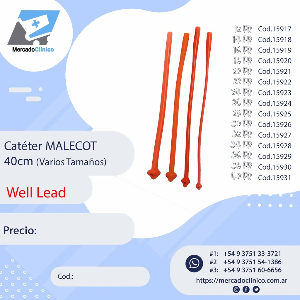 Catéter MALECOT 40cm - WELL LEAD | Mercado Clinico