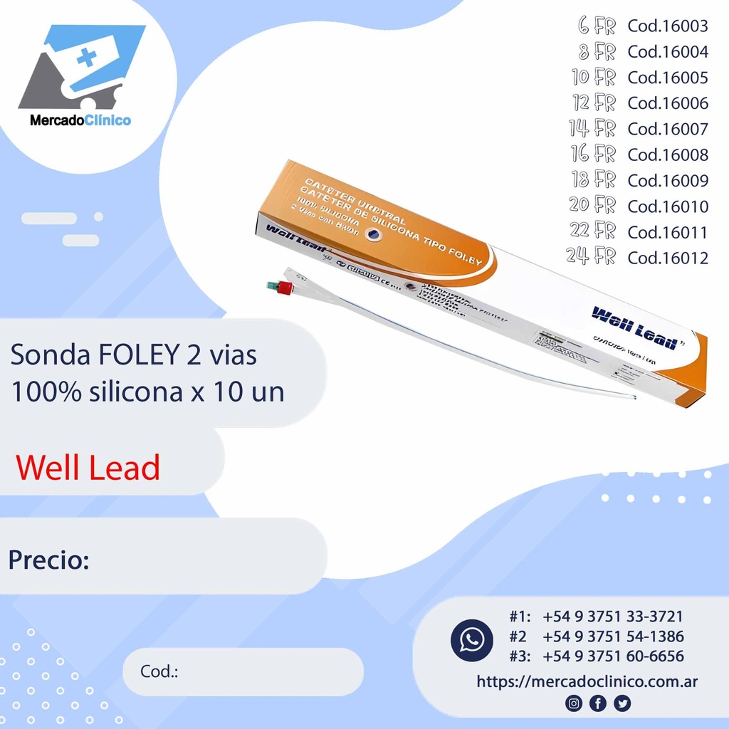 Sonda FOLEY 2 vias 100% silicona x 10 un - WELL LEAD | Mercado Clinico AR