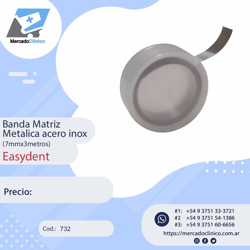 Banda matriz metálica acero inox - 7mmx3mt - Easydent | Mercado Clinico AR